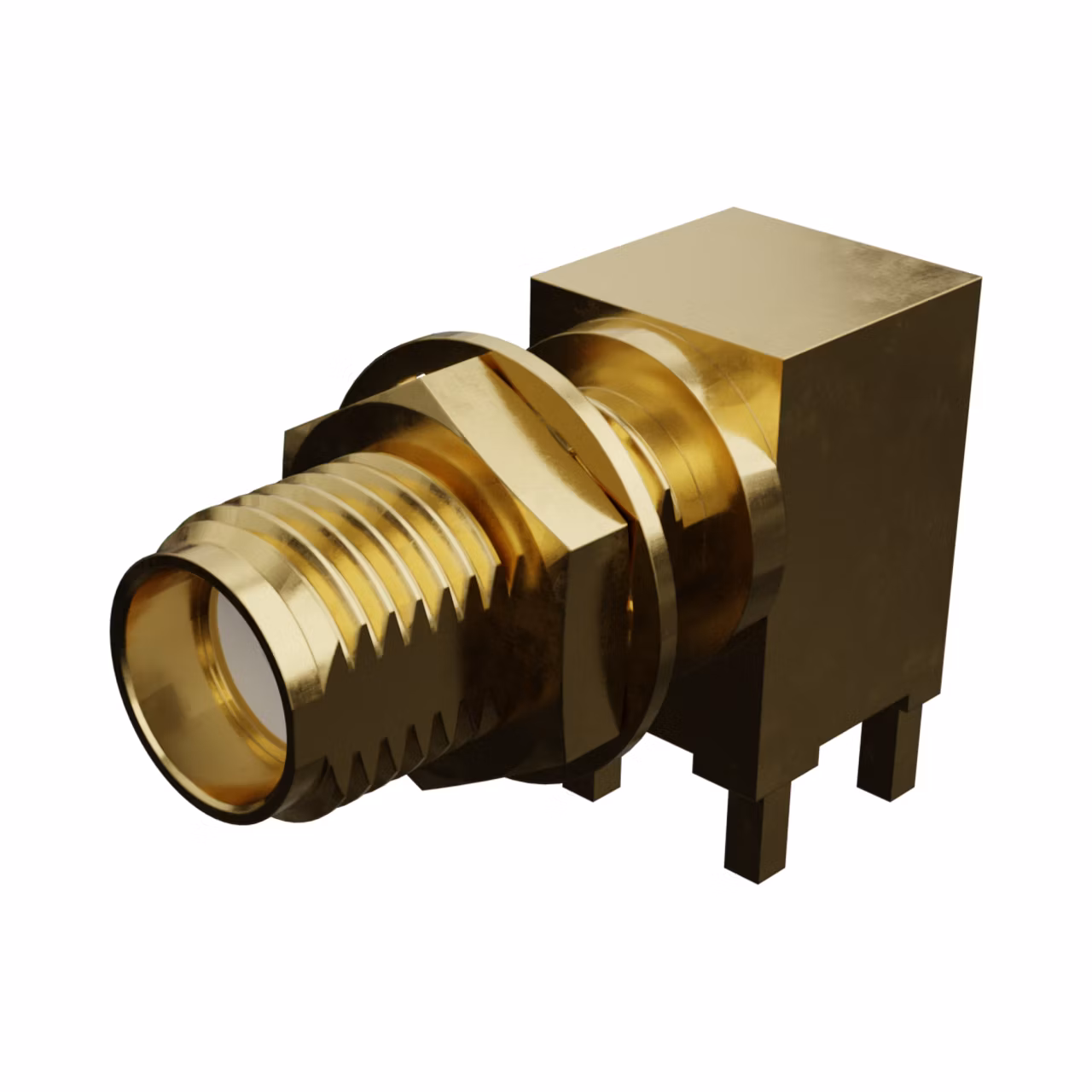 SMA Jack, Right-Angle, Bulkhead Receptacle, PCB, Through Hole, Brass Body, Gold (Au) Plated, Jam Nut and Lockwasher Included, 2.79mm Leg Length, 50 Pieces Per Tray, 50 Ohms for sale