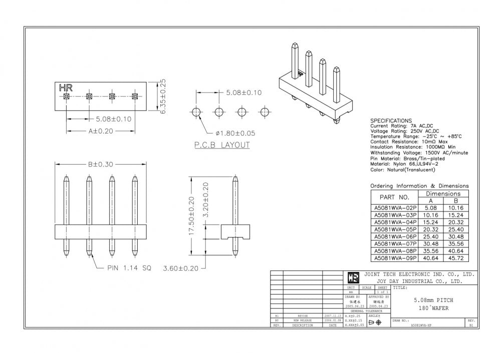 Joint Tech A5081WVA-06P 5.08 mm pitch 180 degree wafer drawing