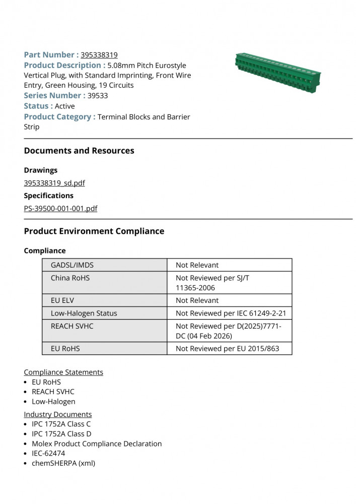MOLEX ESE Eurostyle terminal blocks specification, page 1