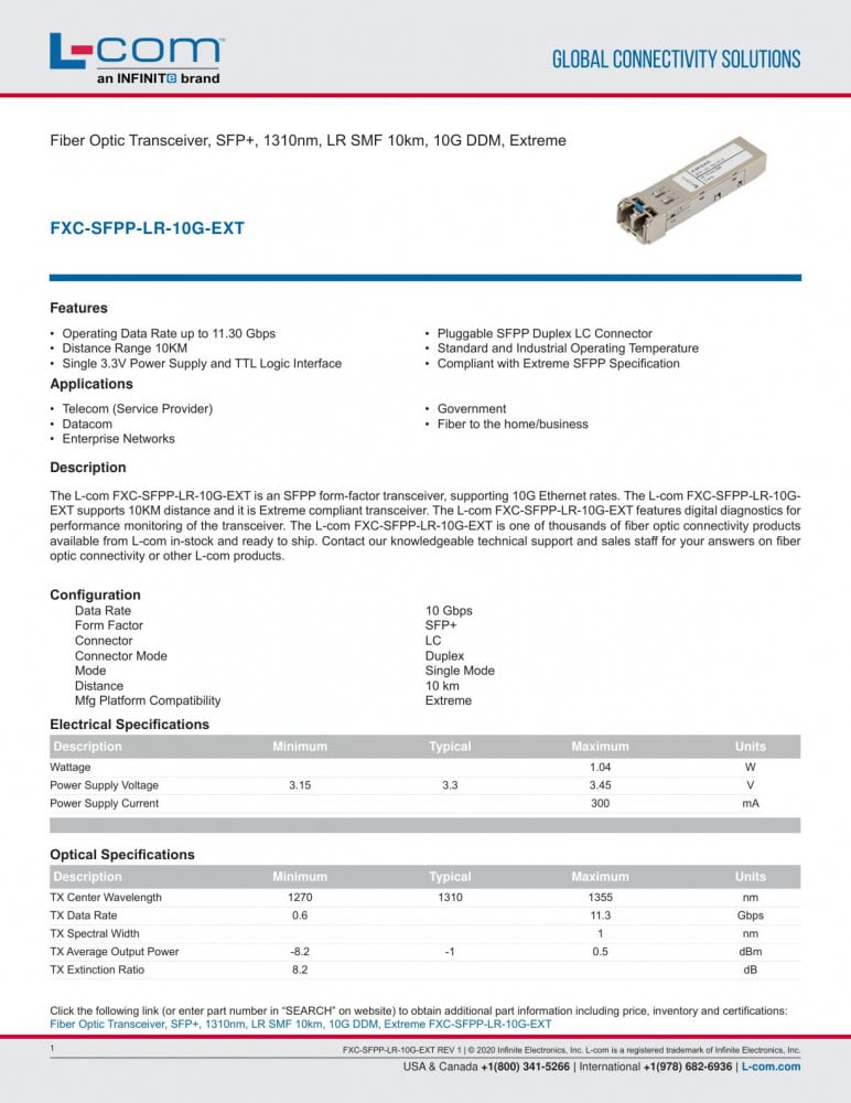 FXC-SFPP-LR-10G-EXT datasheet page 1