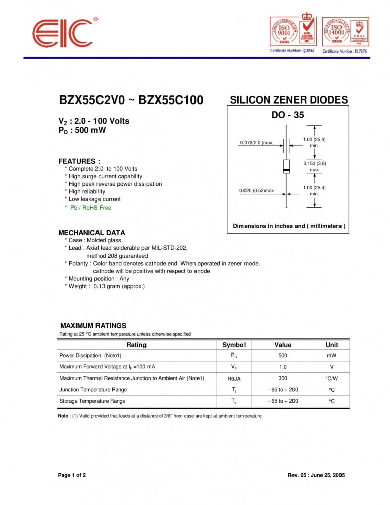 BZX55C6V8 datasheet page 1