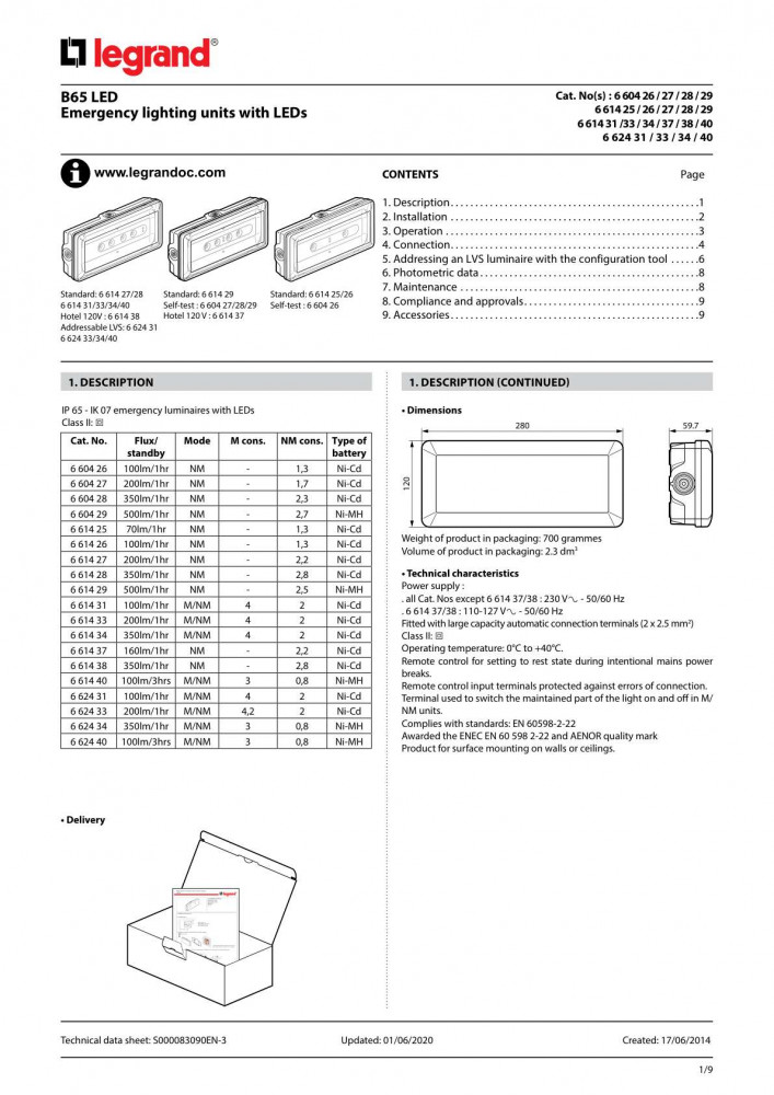 Legrand emergency luminaire documentation, page 1