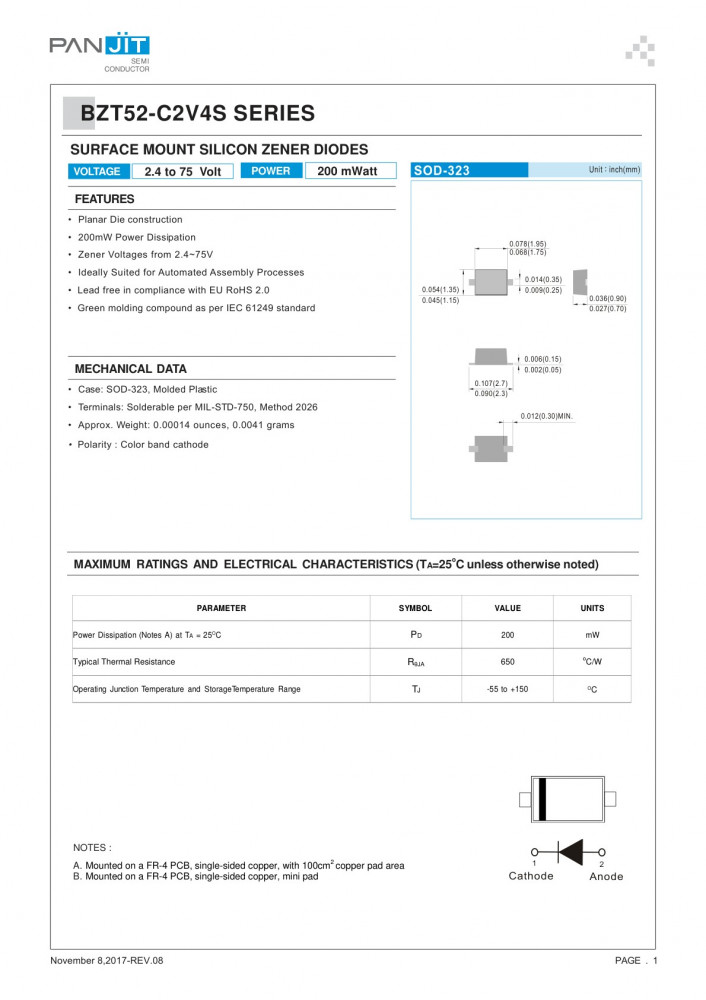 PANJIT BZT52-C15S series datasheet page 1