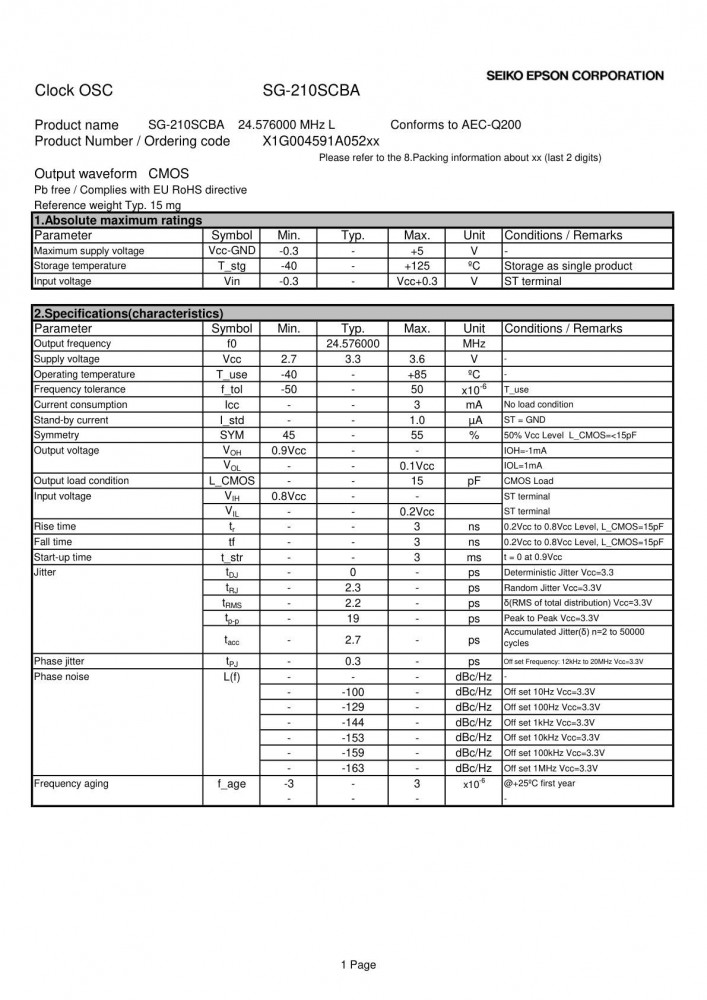 SG-210SCBA datasheet page 1