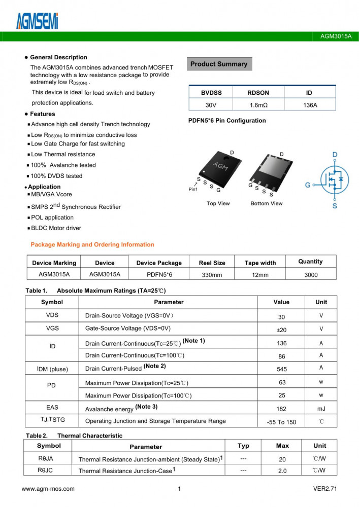 AGM3015A datasheet page 1