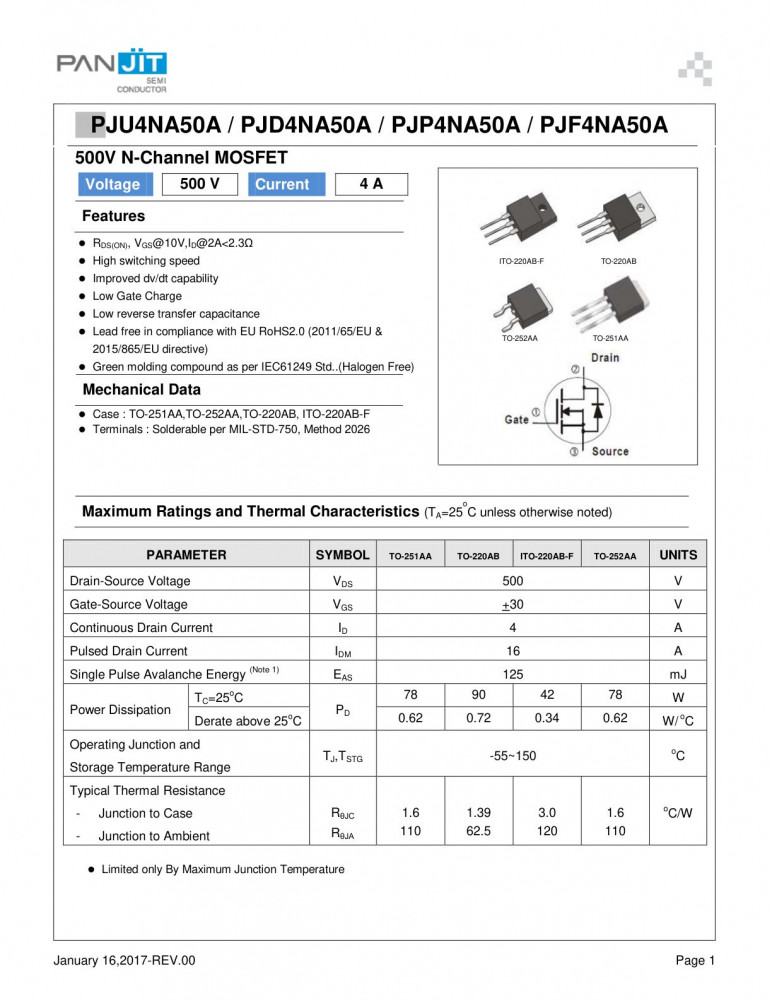 PANJIT PJF4NA50A datasheet page 1