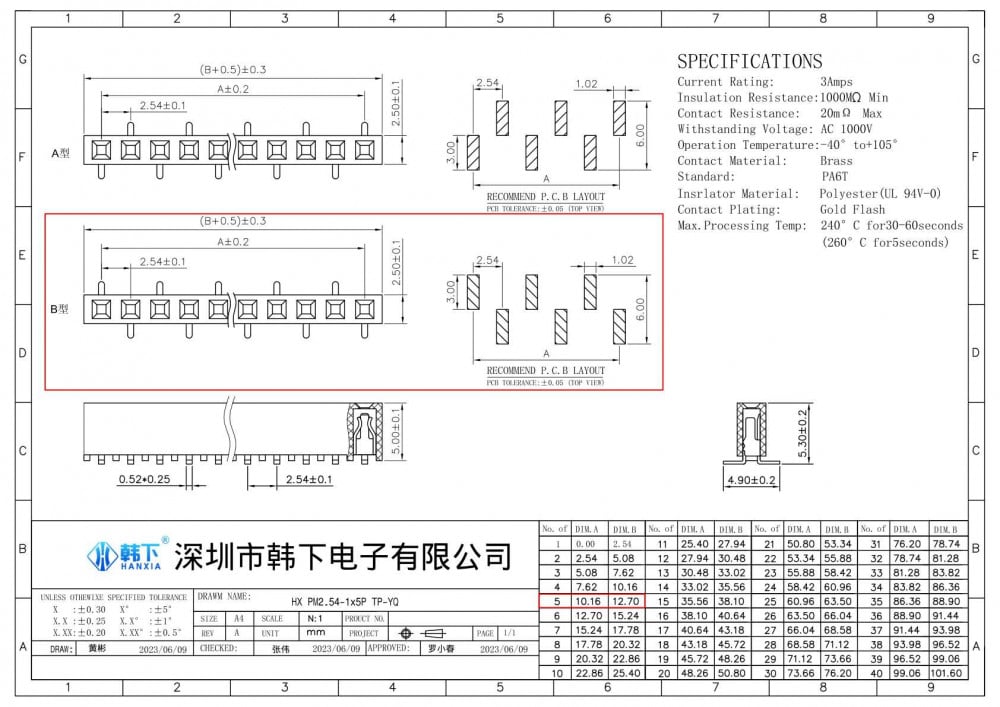 HX PM2.54-1x5P TP-YQ technical document preview