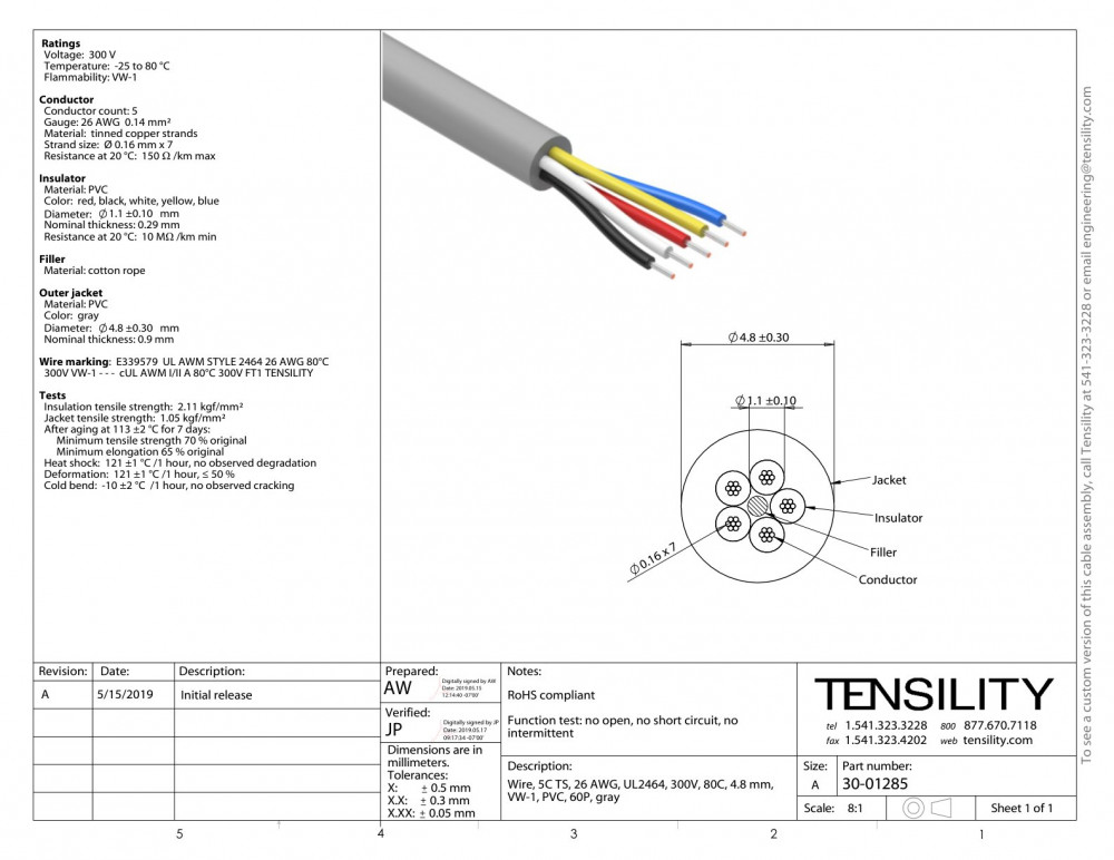 30-01285 technical drawing and cable specification