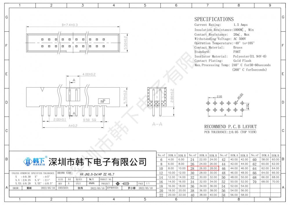 HANXIA HX JN2.0-2x14P ZZ H5.7 technical drawing
