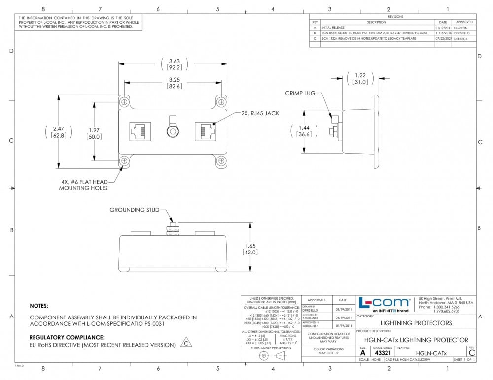 L-com HGLN-CAT6 product drawing