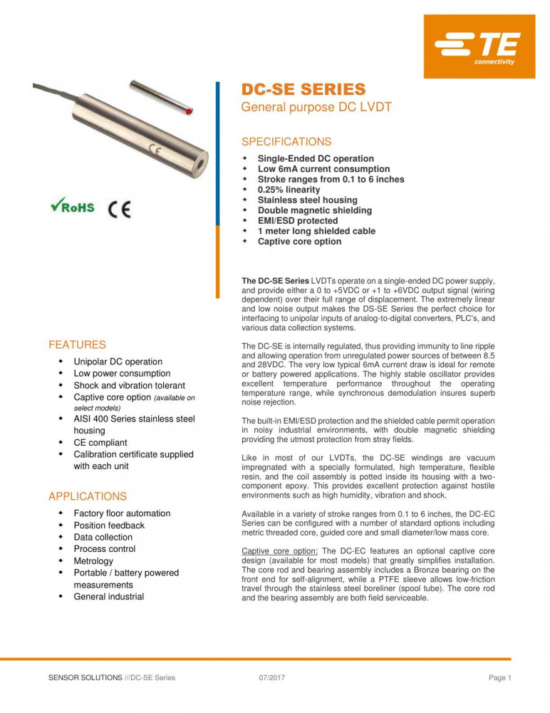 TE Connectivity DC-SE LVDT datasheet page 1