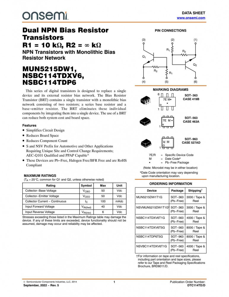 NSBC114TDXV6T5G datasheet page 1
