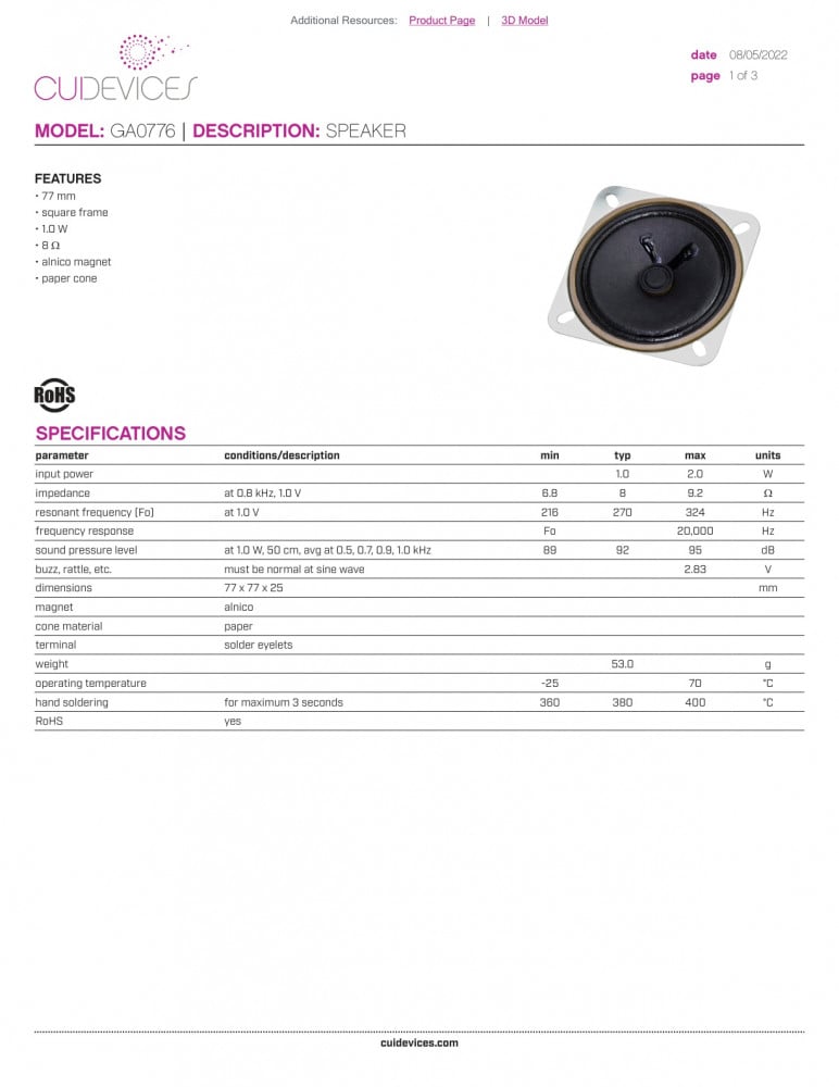 GA0776 product documentation page 1