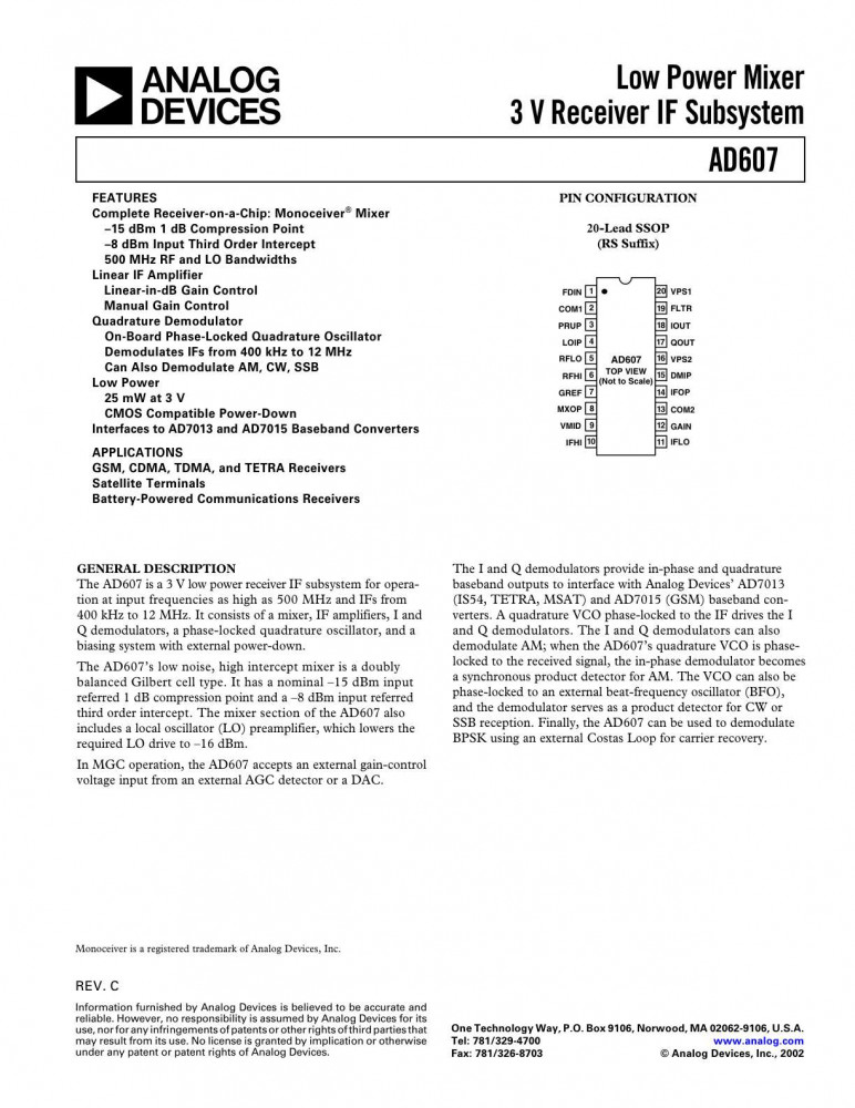 AD607 datasheet page 1