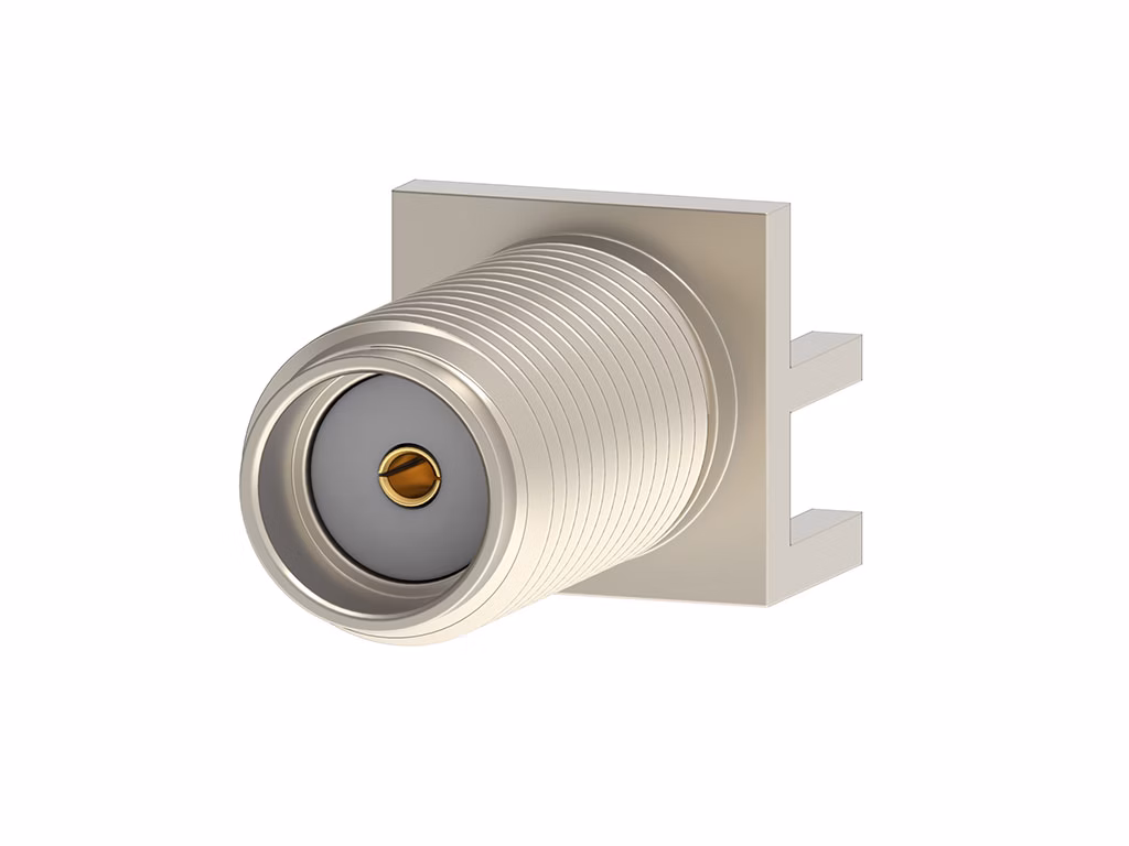 Precision Test Connector, 27 GHz SMA PCB Jack Receptacle, 2-Hole Flange Mount, Solderless Compression Contact, without Screws, Single Bagged, 50 Ohms