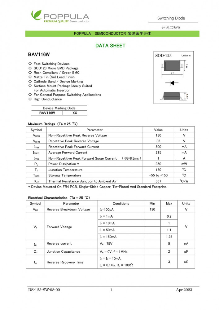 BAV116W datasheet page 1