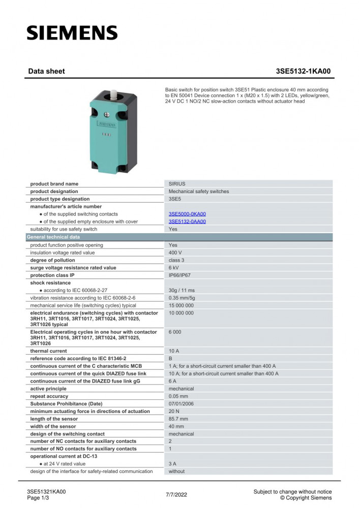 SIEMENS 3SE51321KA00 datasheet page 1