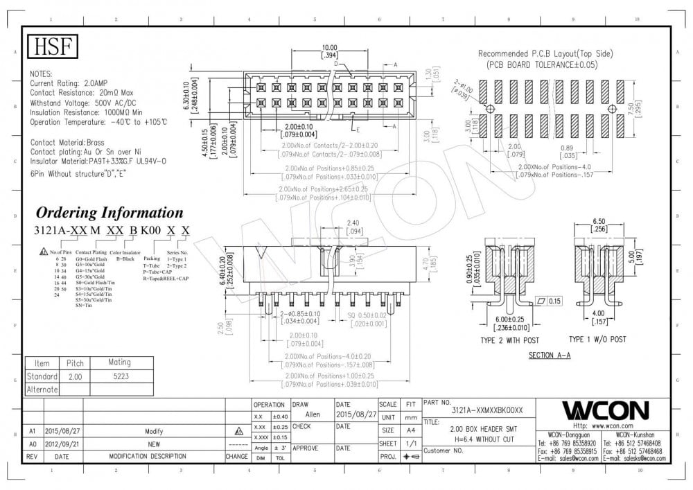 Wcon 3121A series 2.00 mm box header drawing