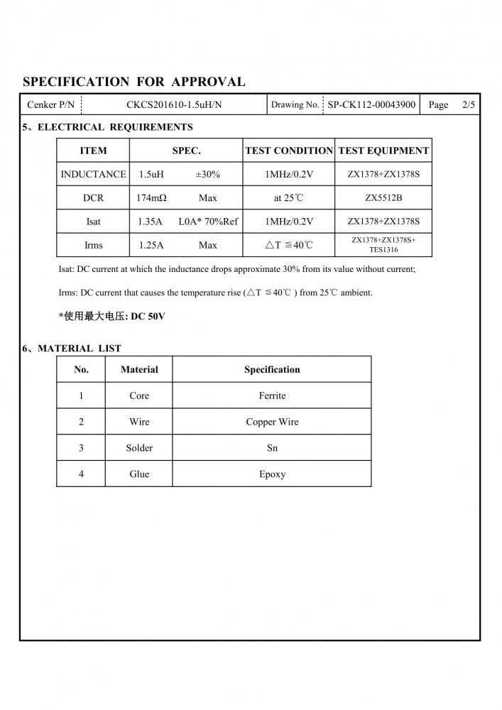 CKCS201610-1.5uH/N approval document page 4