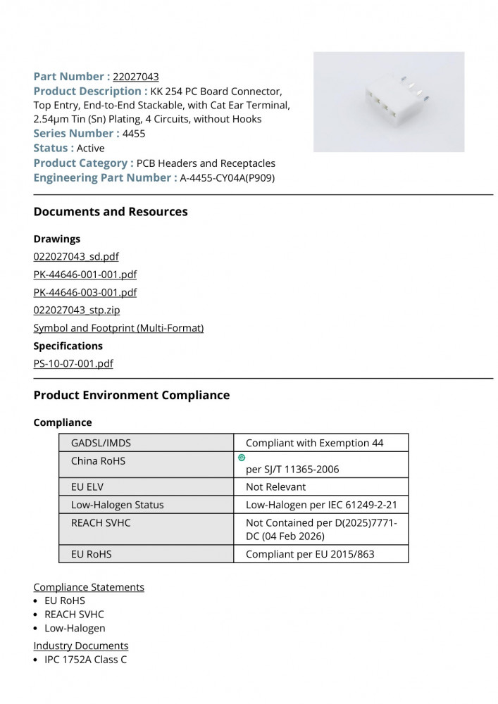 MOLEX 22027043 technical document preview, page 1