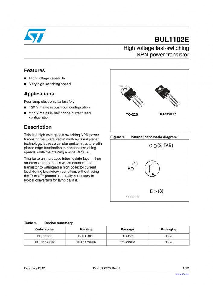 BUL1102EFP datasheet page 1