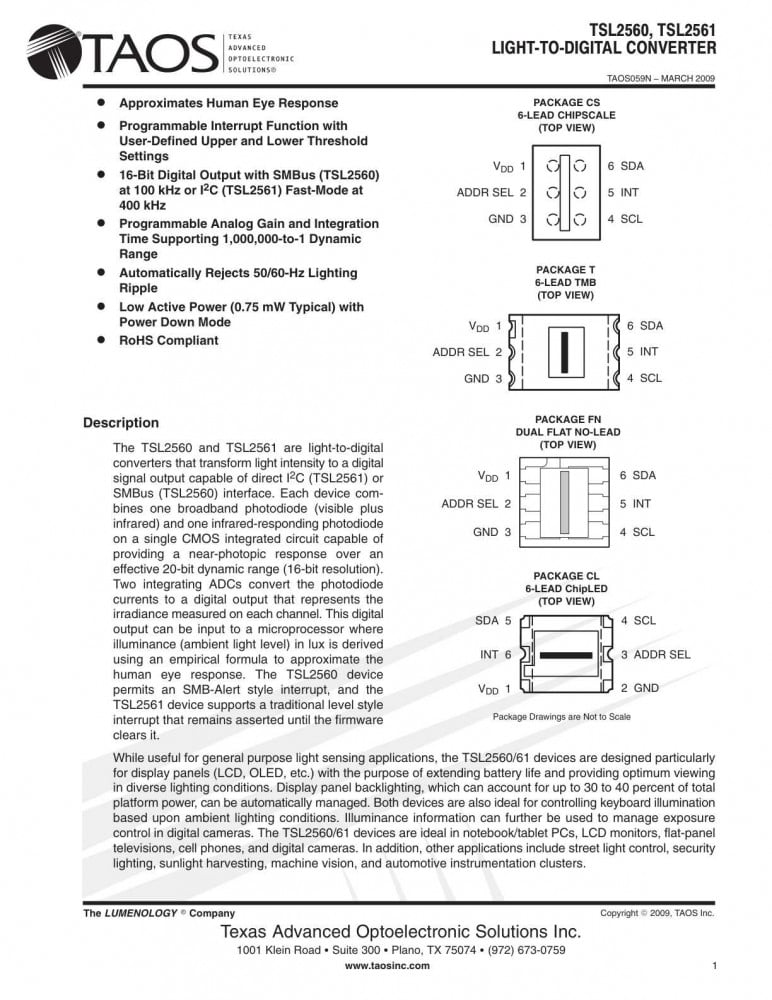 TSL2561T datasheet page 1
