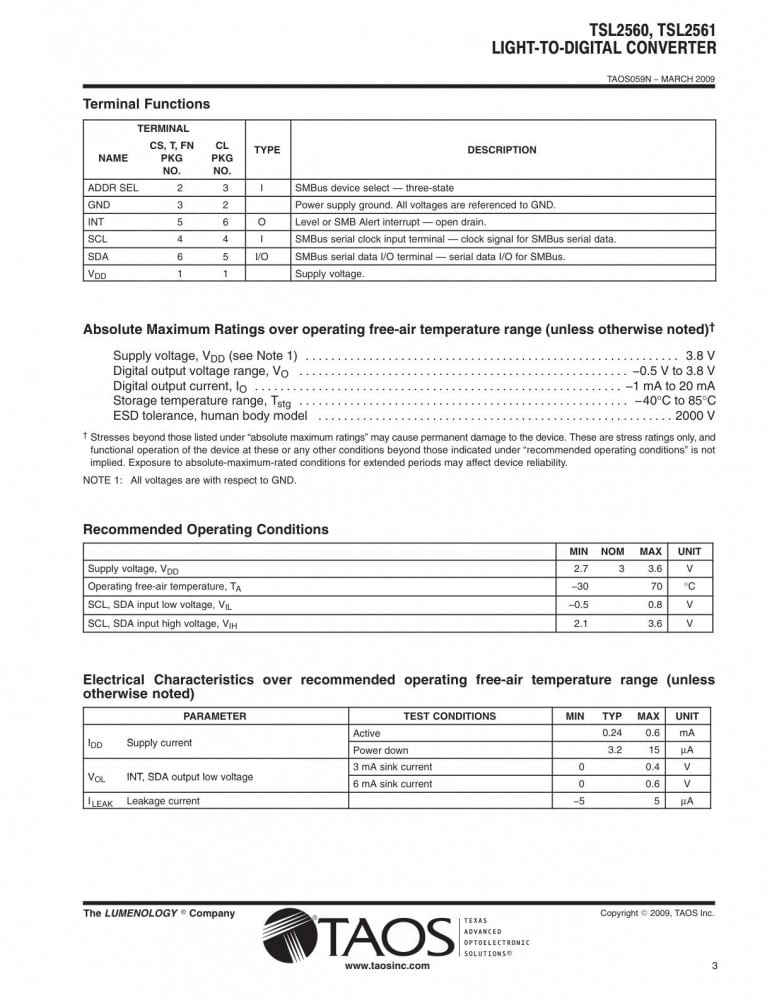 TSL2561T datasheet page 3