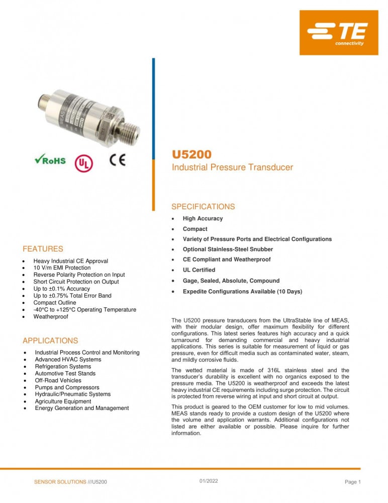 U5200 pressure transducer datasheet page 1