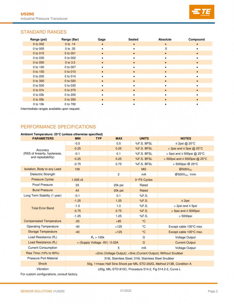 U5200 pressure transducer datasheet page 2