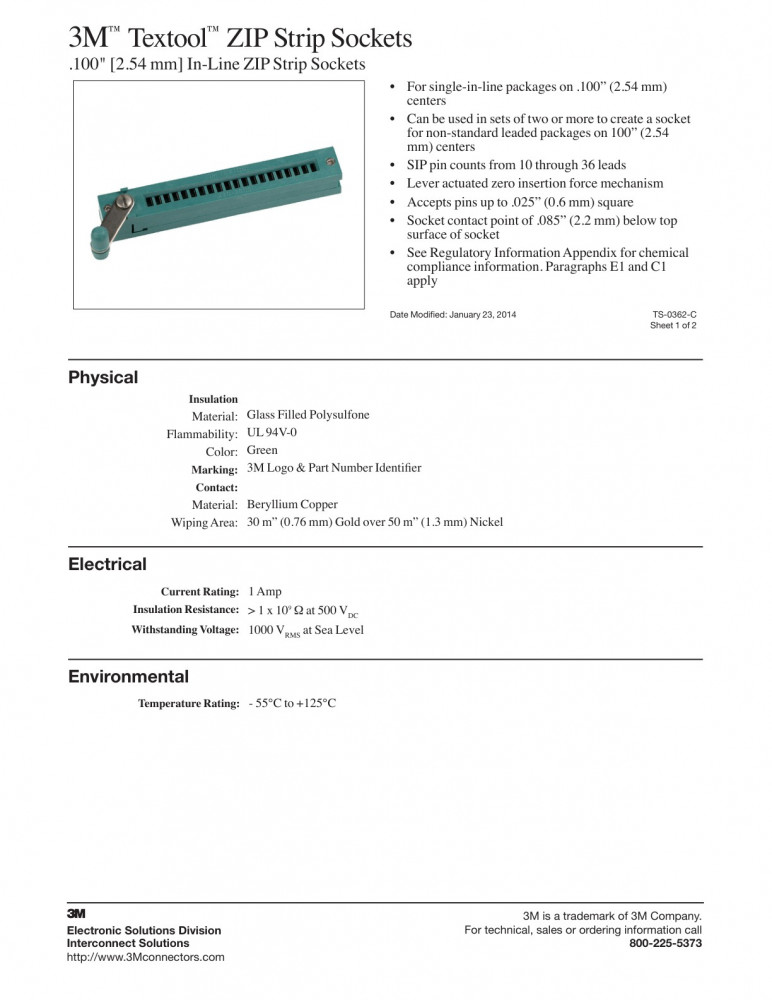 3M Textool ZIP Strip Socket technical document page 1