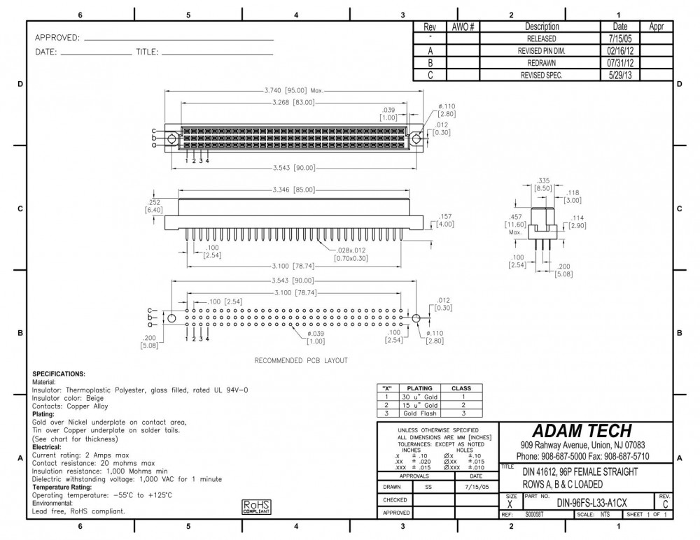 ADAM TECH DIN 41612 96-position female connector drawing preview