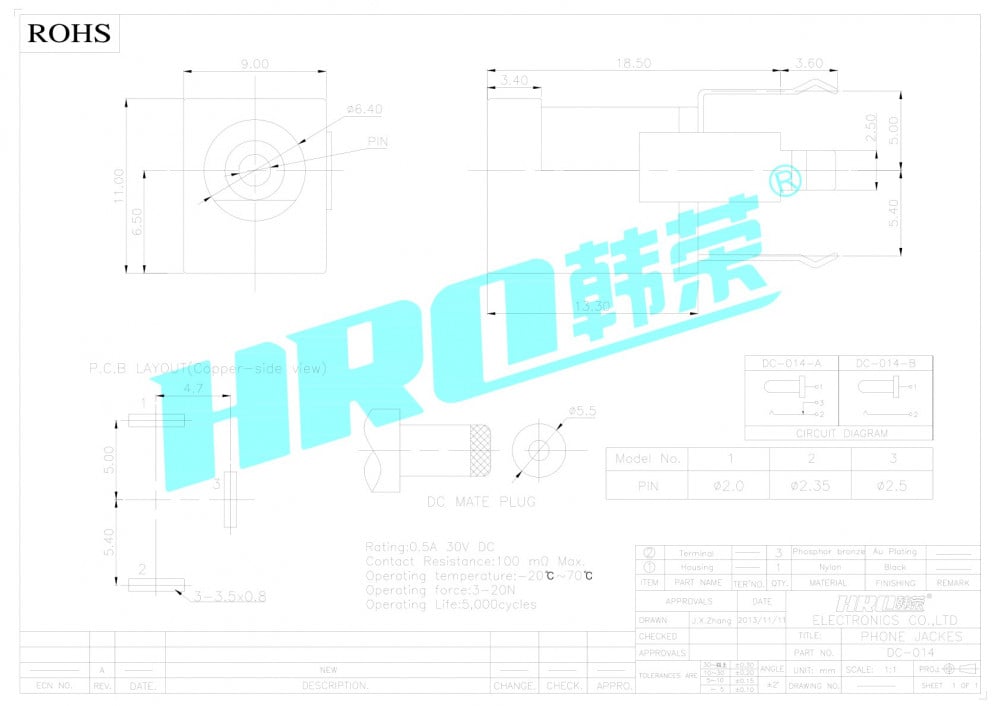 HRO DC-014 phone jack drawing and PCB layout