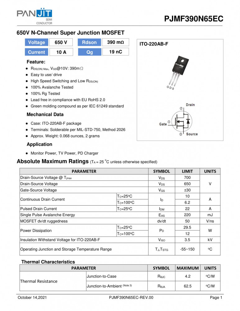 PJMF390N65EC datasheet page 1