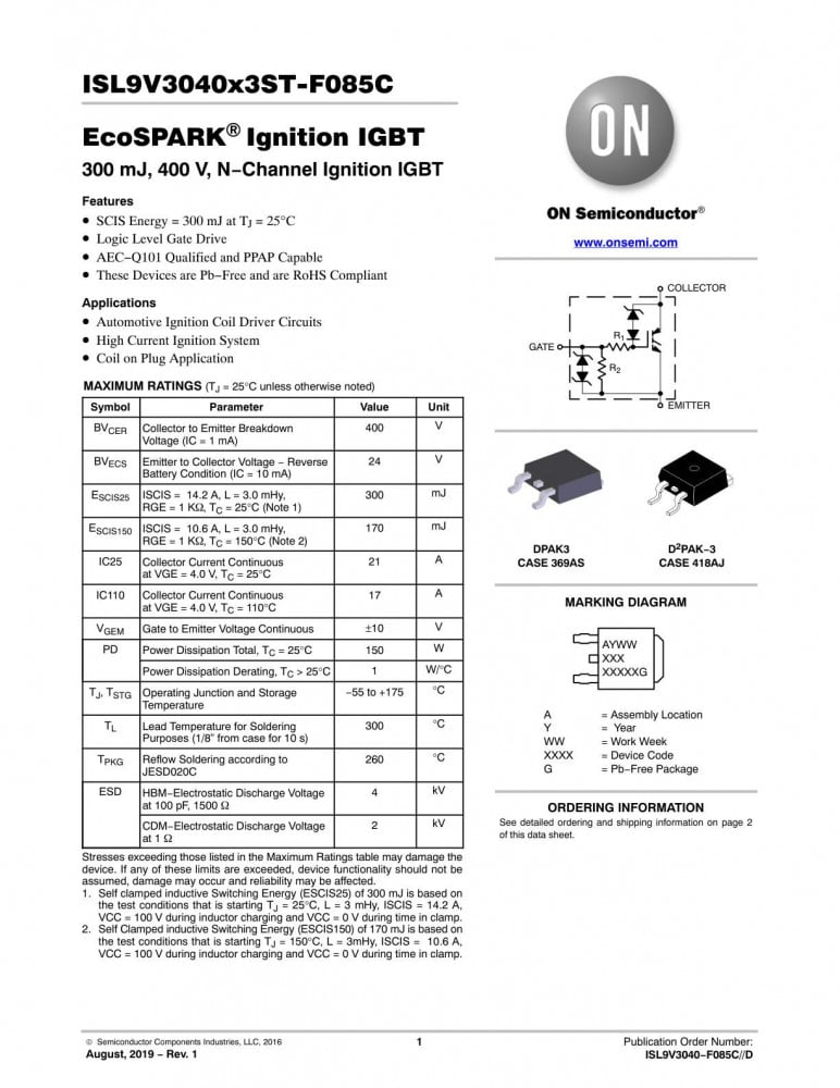 ISL9V3040S3ST-F085C datasheet page 1