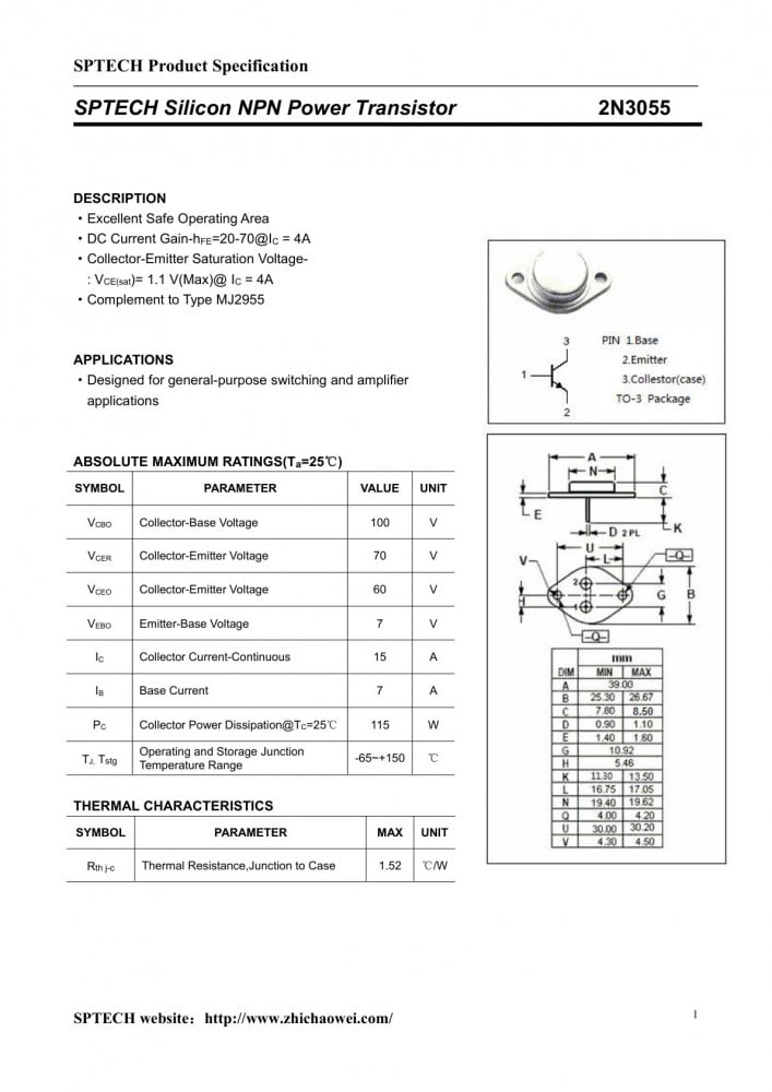 SPTECH 2N3055 datasheet page 1