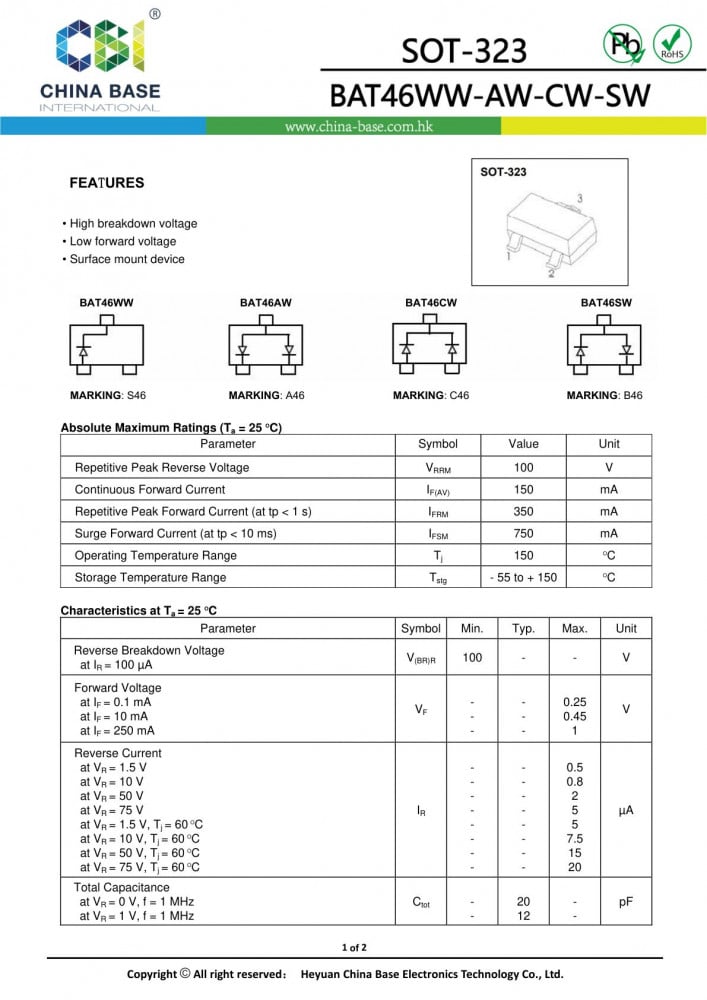 CBI BAT46AW datasheet page 1