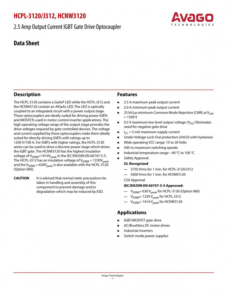 HCPL-3120 datasheet page 1