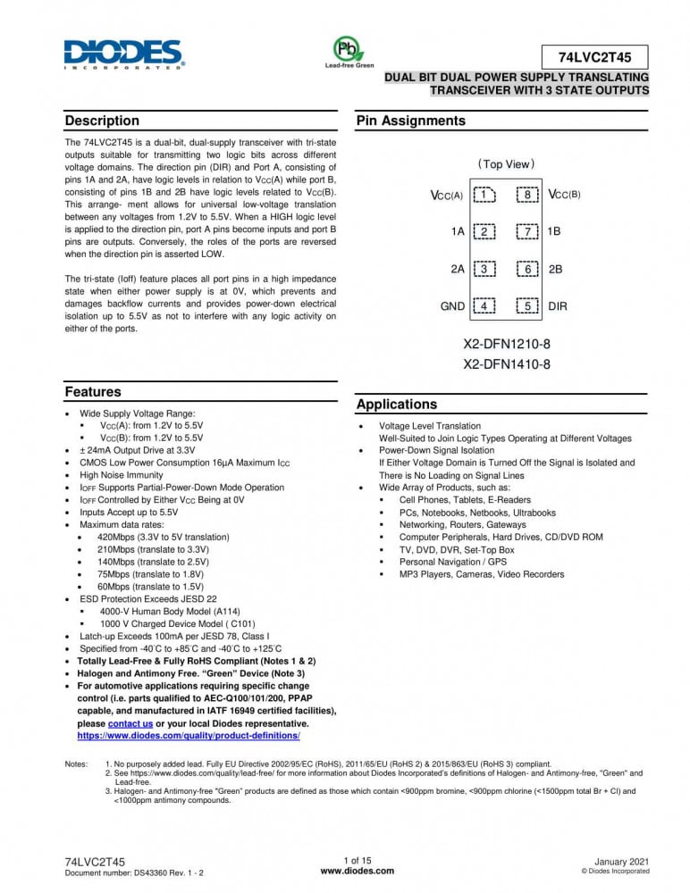 74LVC2T45RA3-7 datasheet page 1