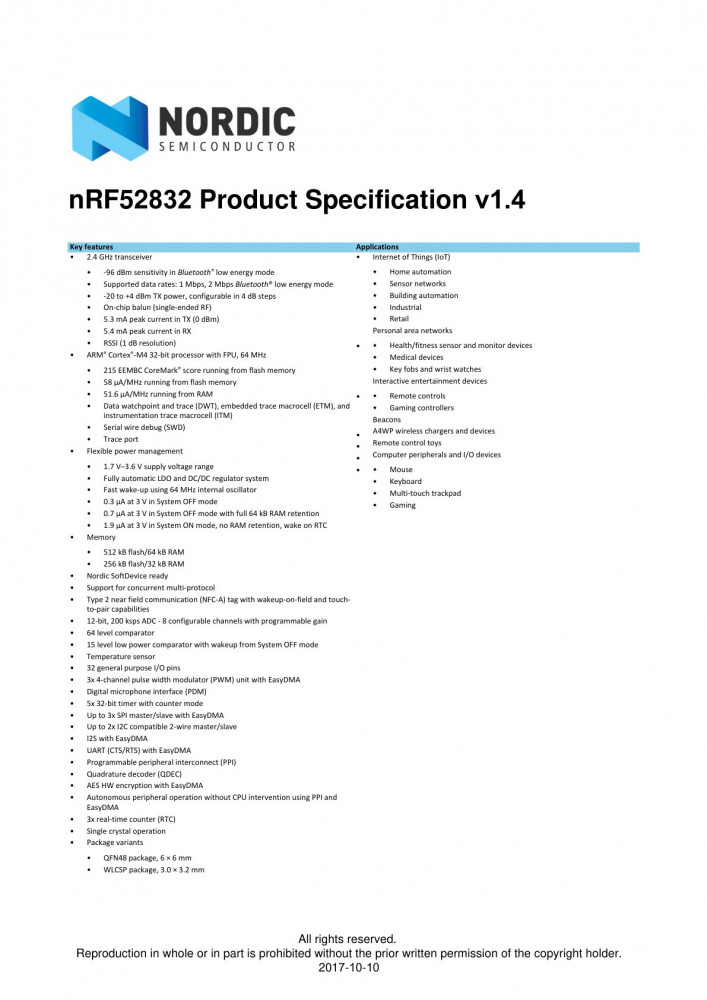 NRF52832 product specification page 1