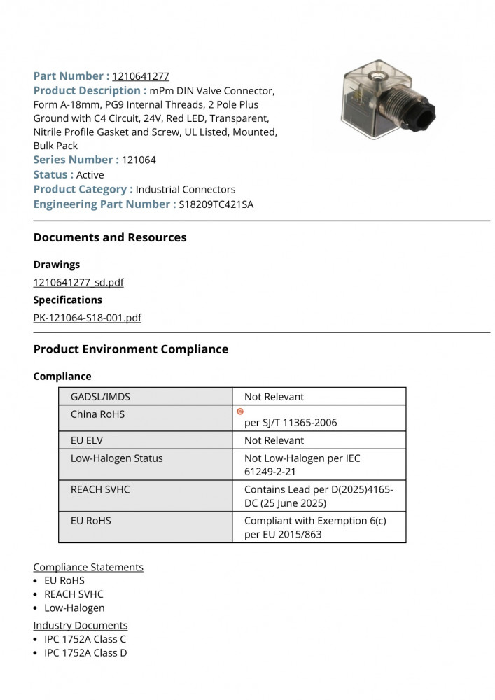 Molex DIN Valve Series S18 packaging specification page preview 1