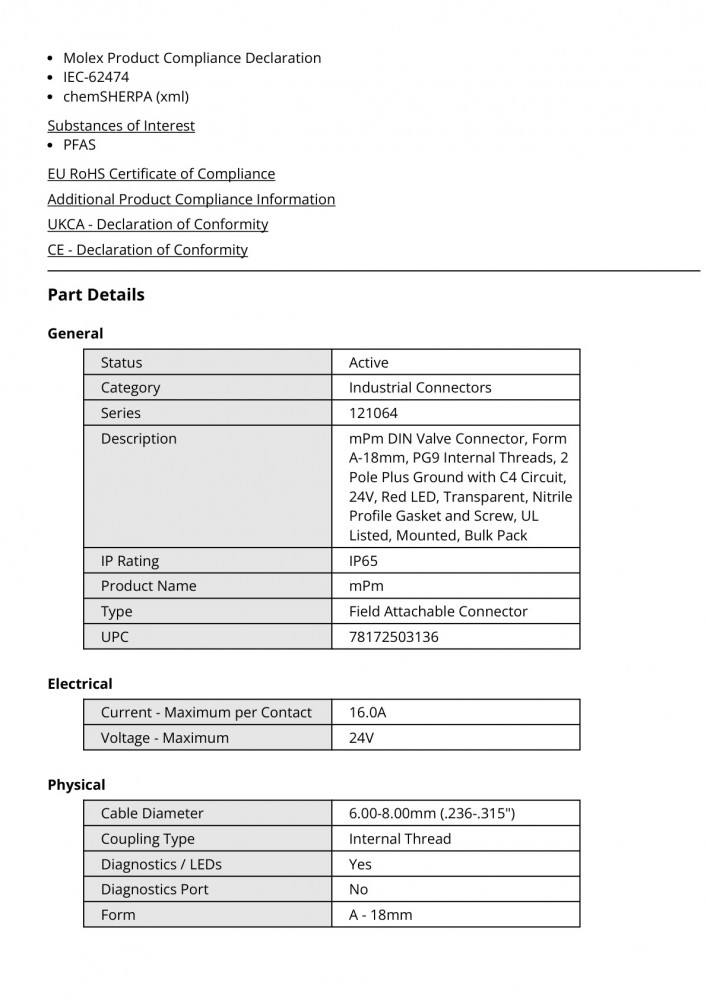 Molex DIN Valve Series S18 packaging specification page preview 2