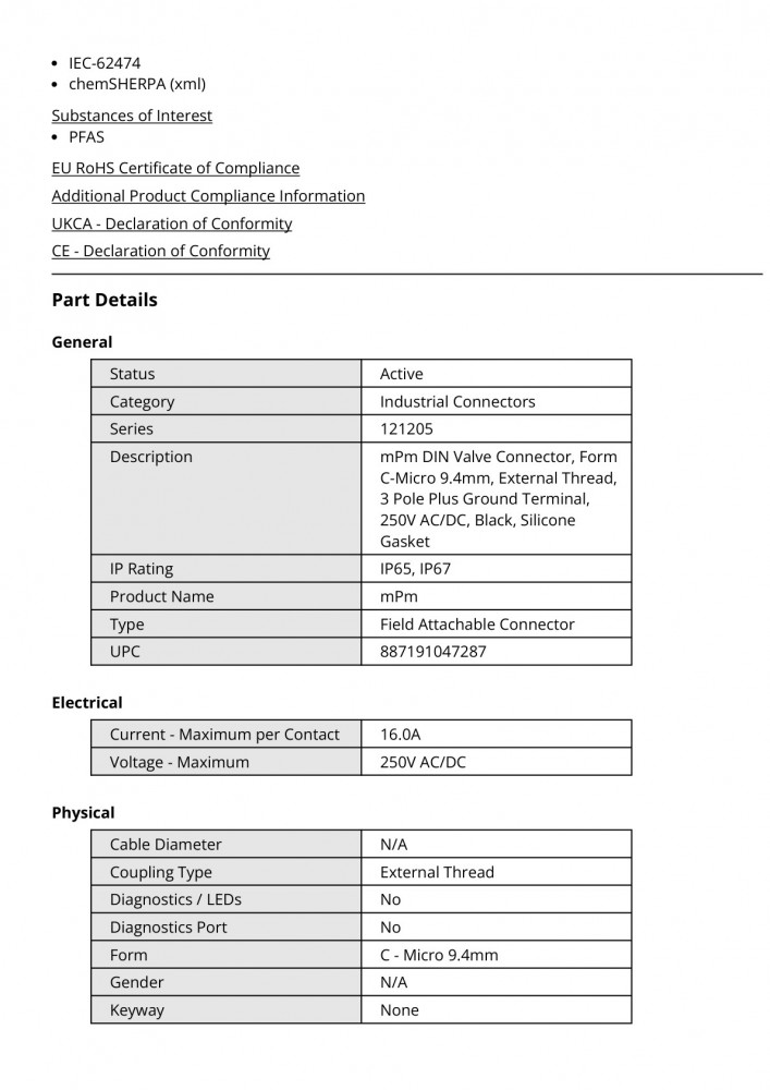 Molex DIN valve connector specification page preview 2