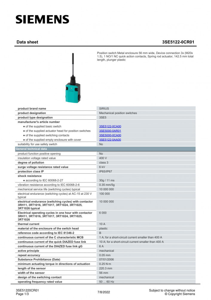 SIEMENS 3SE51220CR01 technical document page 1