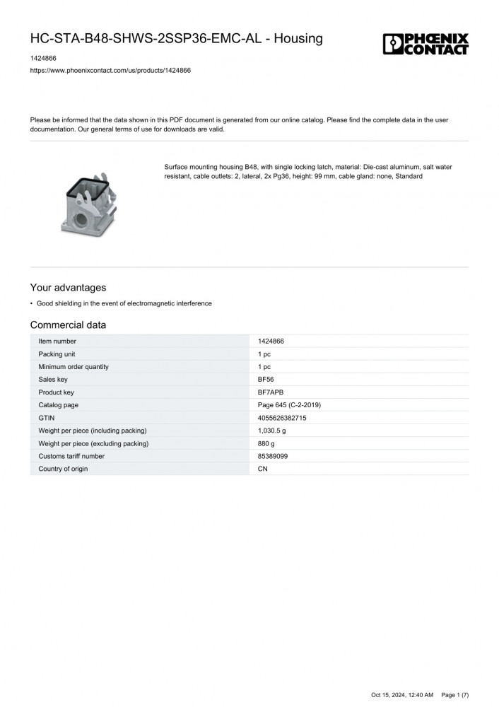 Phoenix Contact 1424866 product documentation page 1