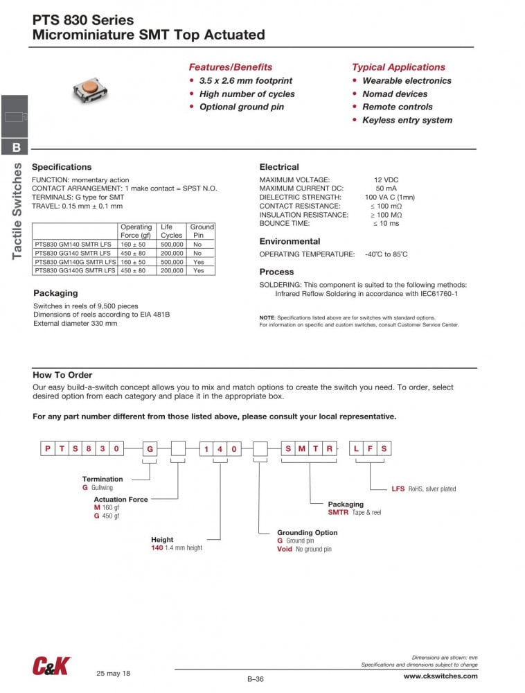 C&K PTS830 series datasheet page 1