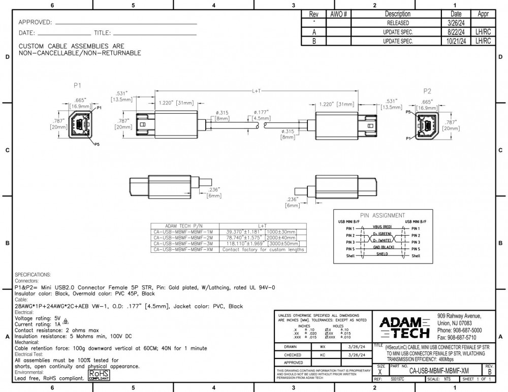 ADAM TECH Mini USB cable assembly drawing preview