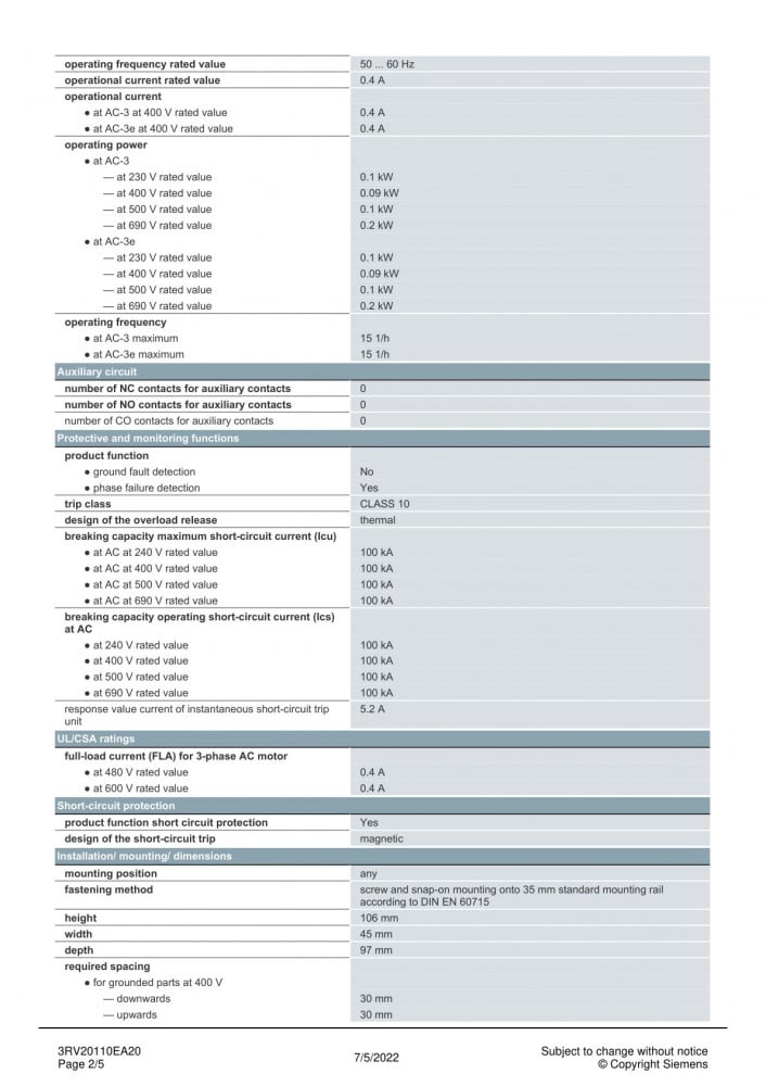 3RV20110EA20 technical document page 2