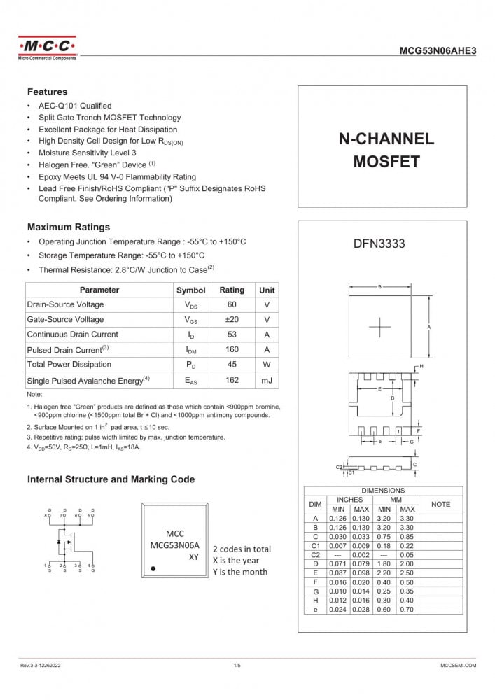 MCG53N06AHE3-TP datasheet page 1