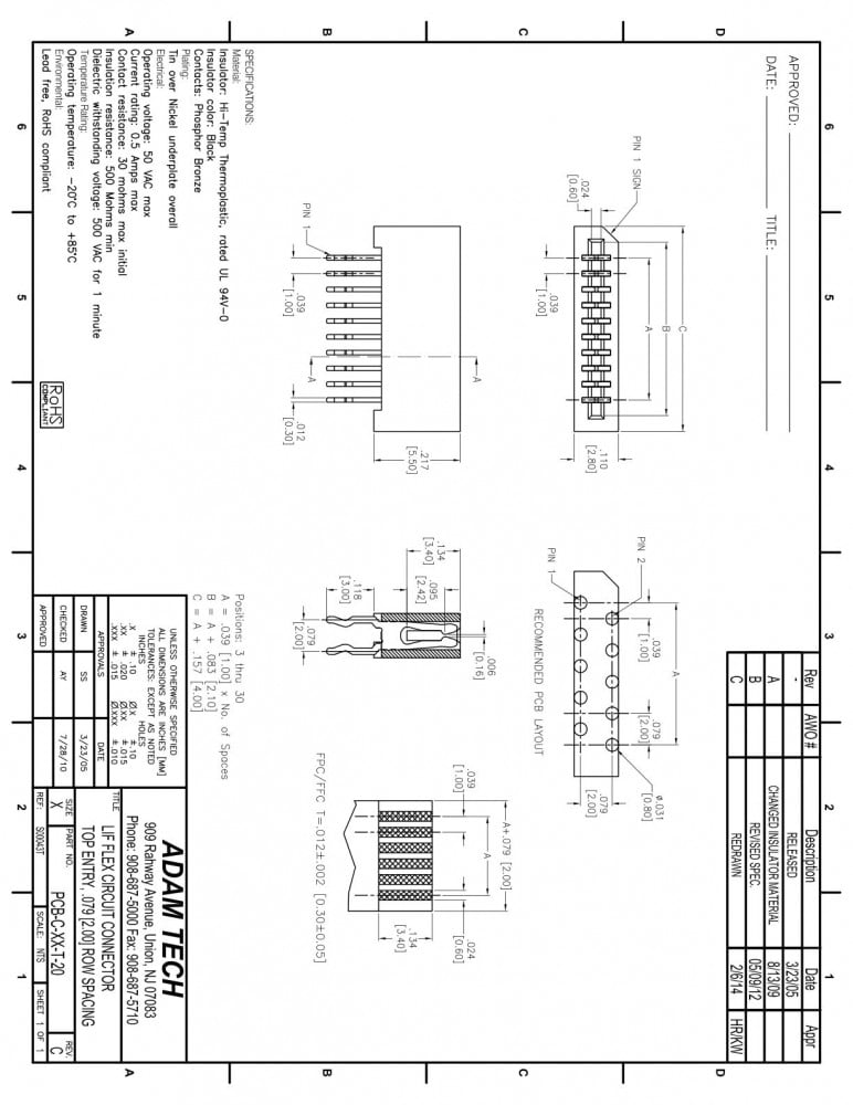 ADAM TECH PCB-C-26-T-20 technical drawing
