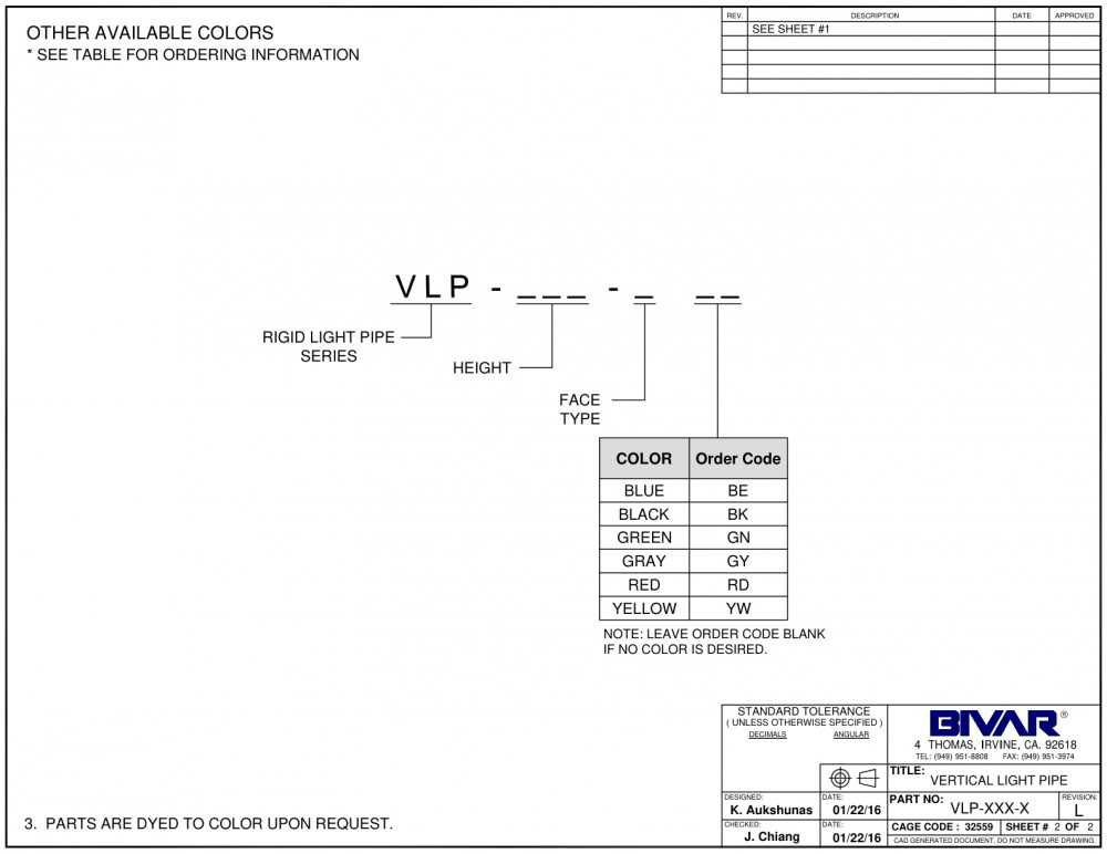 Vertical light pipe color options and ordering information
